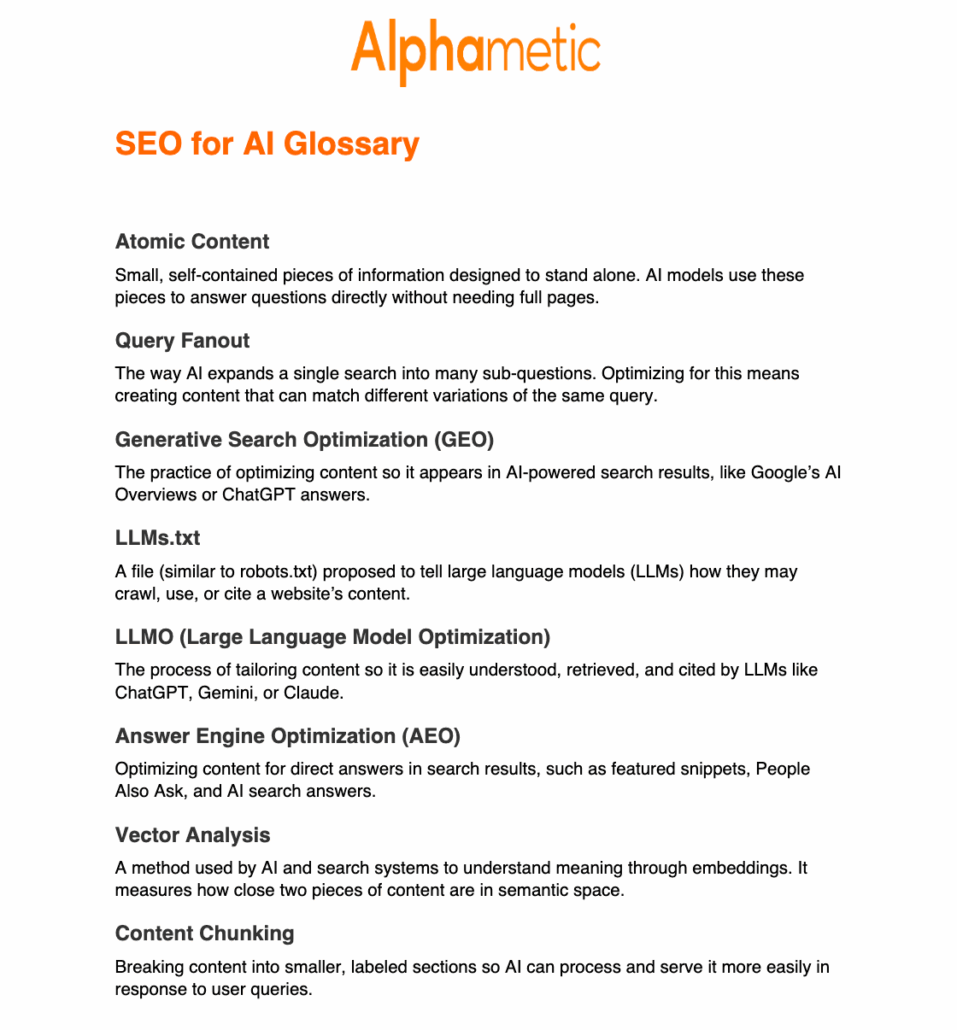 AI SEO Glossary: Atomic Content, Query Fan-out, GEO, LLMs.txt